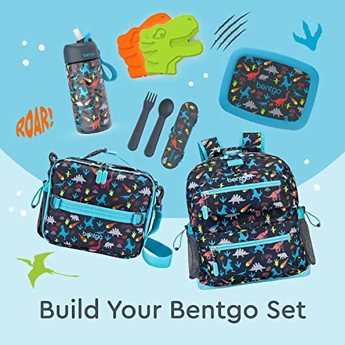 Bentgo® Kids Backpack - Lightweight 14” Backpack in Unique Prints for School, Travel, & Daycare - Roomy Interior, Durable & Water-Resistant Fabric, & Loop for Lunch Bag (Dinosaur)