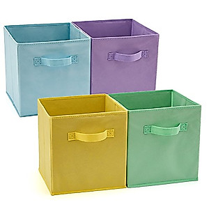 EZOWare Set of 4 Foldable Fabric Basket Bins, Collapsible Storage Organizer Cube 10.5 x 10.5 x 11 inch for Nursery, Playroom, Kids, Living Room - (Assorted Color)