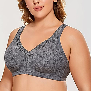 DELIMIRA Women's Wireless Plus Size Full Coverage Lace Bra Cotton Unlined Comfortable Charcoal Heather 48DD