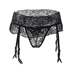 ohmydear Women High Waisted Garter Belt Plus Size Lace Garter Belt Set Mesh Suspender Belt for Stockings Black XL-2XL