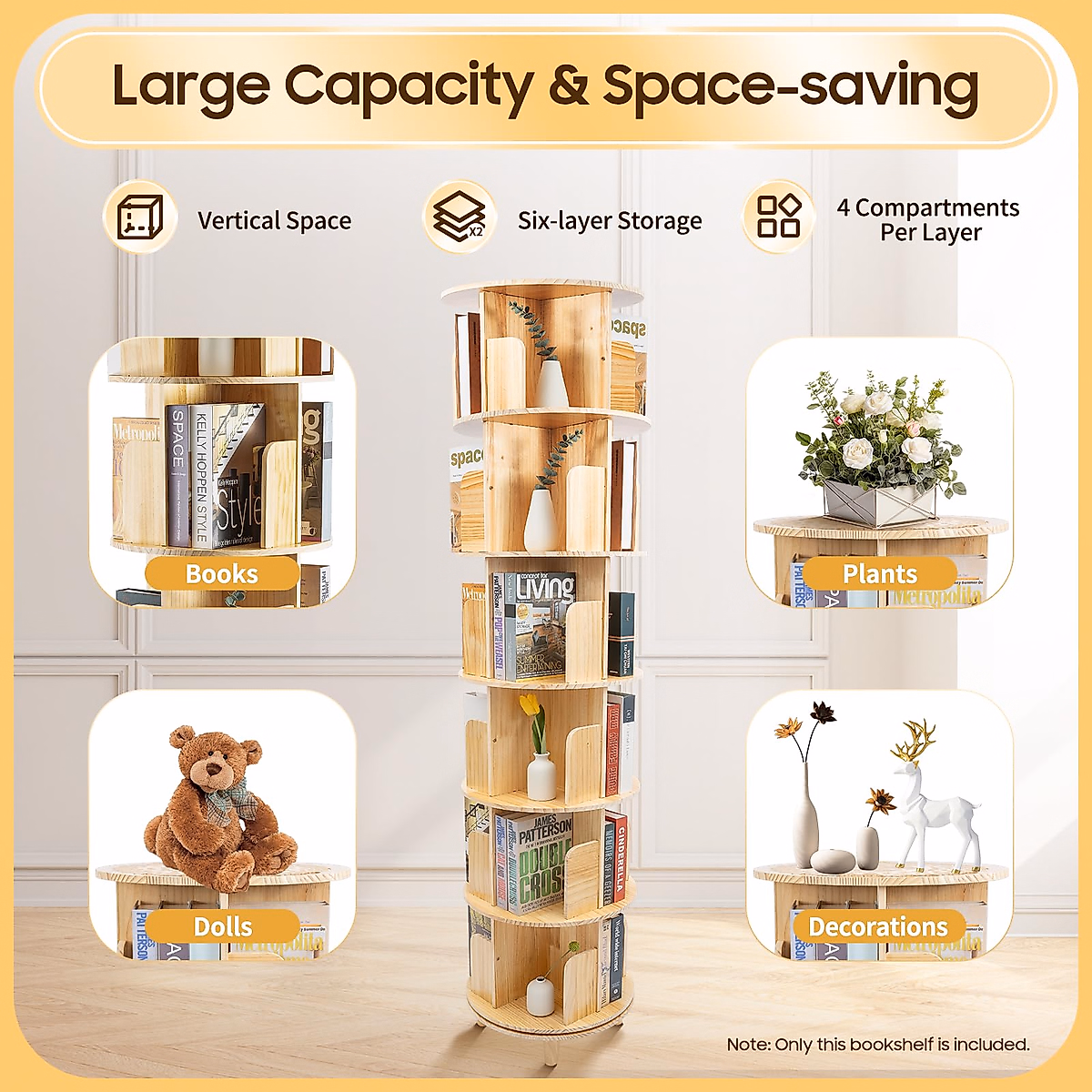 BILPIKOGoo 6 Tier Rotating Bookshelf, 360° Revolving Bookcase Rotating Stackable Shelves Floor Standing Bookcase Storage Rack for Kids&Adults Multi-Functional Bookshelf Organizer