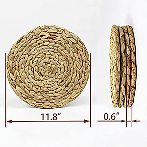 Casaphoria 4 Pack 11.8 inch Natural Hand-Woven Water Hyacinth Placemats,Large Round Braided Rattan Tablemats for Dining Table,Heat Resistant Non-Slip Weave Placemats Handmade