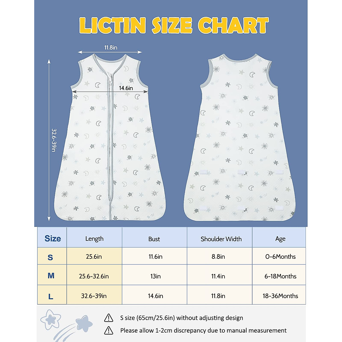Lictin Baby Sleep Sack 1.0 TOG - Toddler Sleeping Sack 18-36 Months, Baby Wearable Blanket, Unisex Sleeveless Summer Baby Sleeping Bag with Adjustable Length and 2-Way Zipper