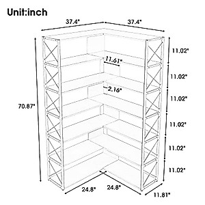 Corner Bookcase, 7-Tier L-Shaped Tall Bookshelf with Open Storage, Freestanding Industrial Etagere Shelf with Metal Frame for Home Office Funiture, Grey, Silver Frame