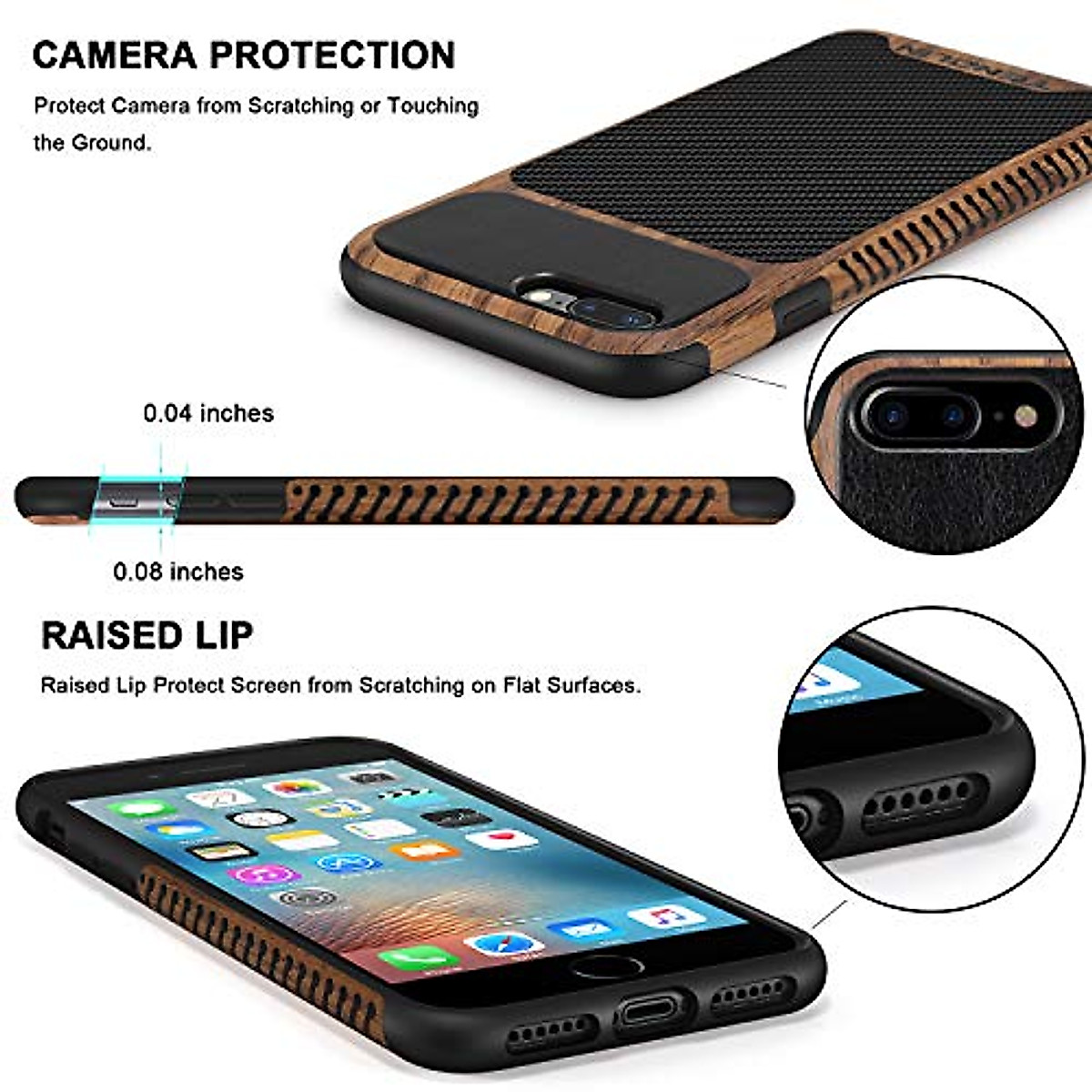 TENDLIN Compatible with iPhone 7 Plus Case/iPhone 8 Plus Case Wood Grain with Carbon Fiber Texture Design Leather Hybrid Slim Case Compatible with iPhone 7 Plus and iPhone 8 Plus (Carbon & Leather)