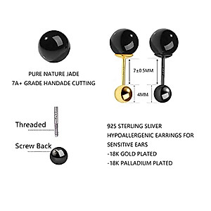 Jade Earrings for Women, Screw Back Removal-free Safe 925 Sterling Silver Stud Earrings for Sensitive Ears, Cute Dual-Sided Wear Earrings Studs Jewelry Gift for Women Girls