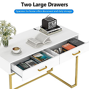 Tribesigns Computer Desk with 2 Drawers, 39.4” Modern Simple White and Gold Writing Desk Desk with Storage Drawers, Makeup Vanity Console Table Study Desk for Home Office