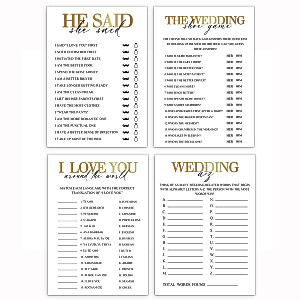 60 Pcs Gold Bridal Shower Game for Guest, Wedding Engagement Party Supplies, Included 4 Games - I Love You around World, He Said She Said, Wedding Shoe Game, Wedding A-Z, Double-sided