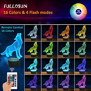 FULLOSUN Wolf Gift 3D Light, Optical Illusion Bedside Night Lamp, 16 Color Changing with Remote Control Creative Room Decor Best Birthday for Kids Boys Men