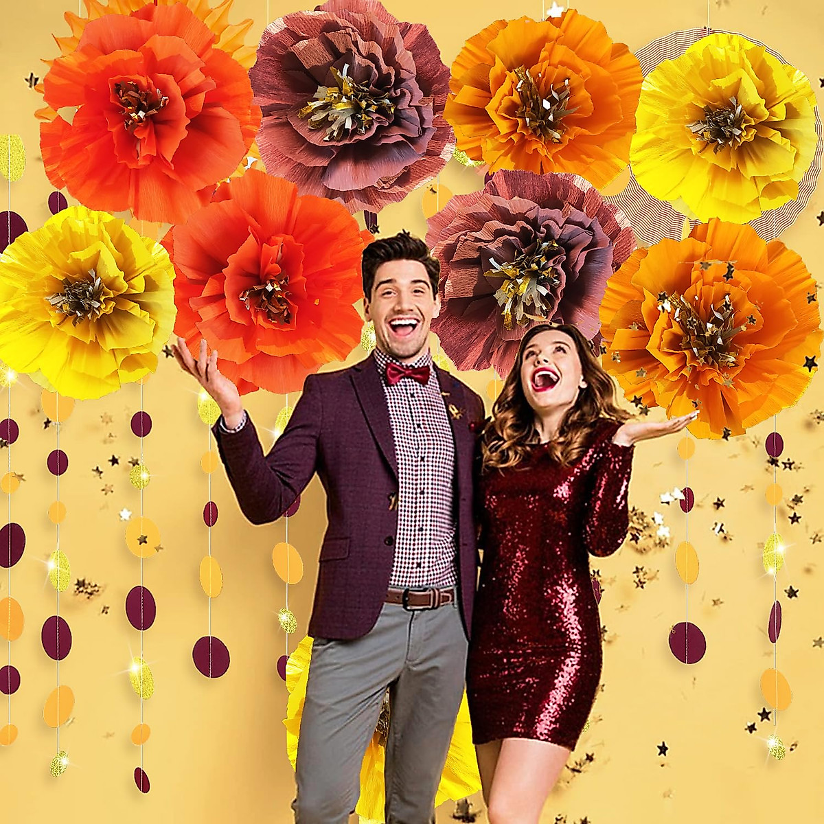 Fall Birthday Party Decorations/Thanksgving Decorations/Maroon Orange Yellow Fall Bridal Shower Decorations Burgundy Orange Crepe Paper Flowers Burgundy Fall Engagement Party