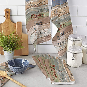 Kitchen Dish Towels 2 Pack-Super Absorbent Soft Microfiber,Rustic Wooden Grain Quotes Happiness is A Kitchen Full of Love Cleaning Dishcloth Hand Towels Tea Towels for Kitchen Bathroom Bar