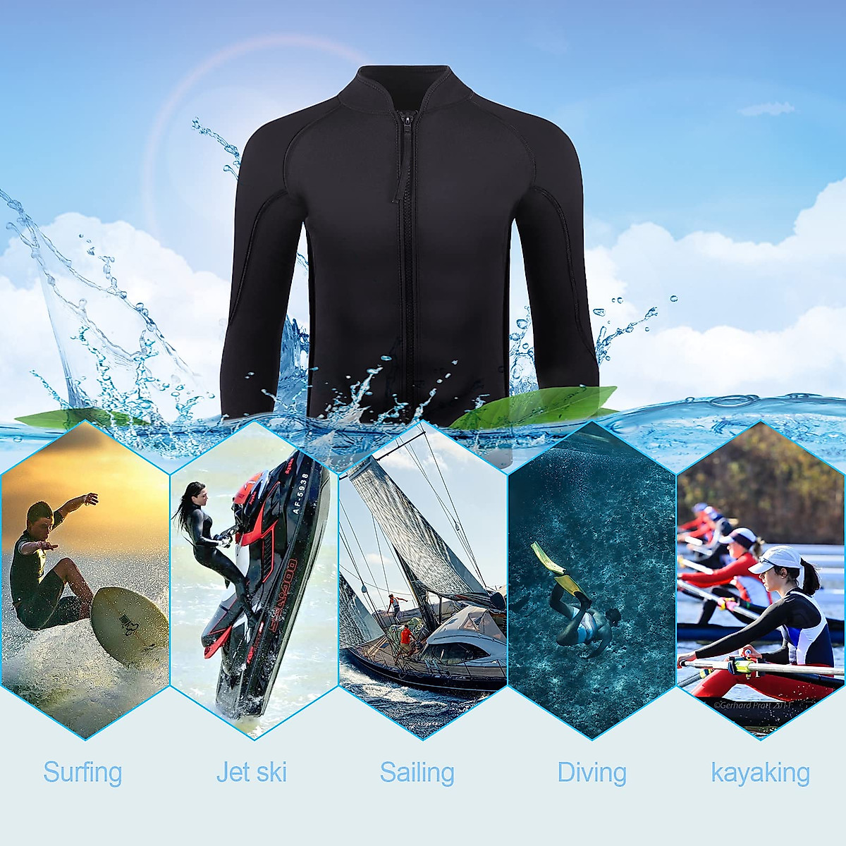 INTBOSS Wetsuit Top Men,2mm Mens Wetsuit Top 3mm Long Sleeve Wetsuit Jacket Men Front Zip Warm Wets Suit Jackets for Men Stretch Mens Wetsuit Top
