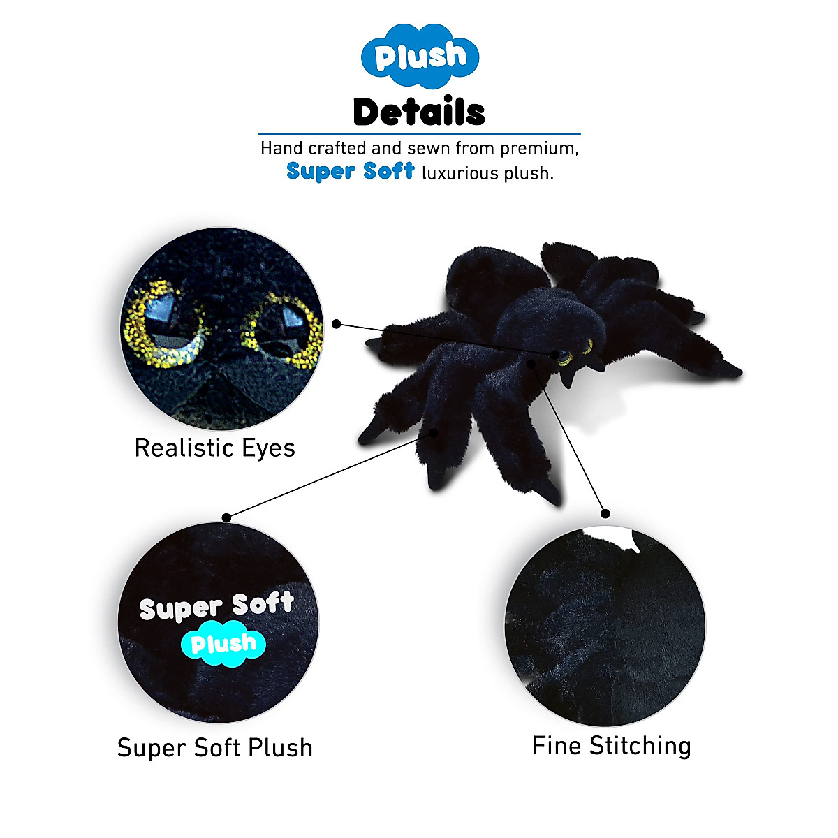 DolliBu Black Spider Plush Toy - Super Soft Spider Stuffed Animal for Boys and Girls, Cute Spider Stuffed Animal, Realistic Stuffed Spider Plush Gift, Spider Decor for Baby, Kids, Adults - 8 Inches
