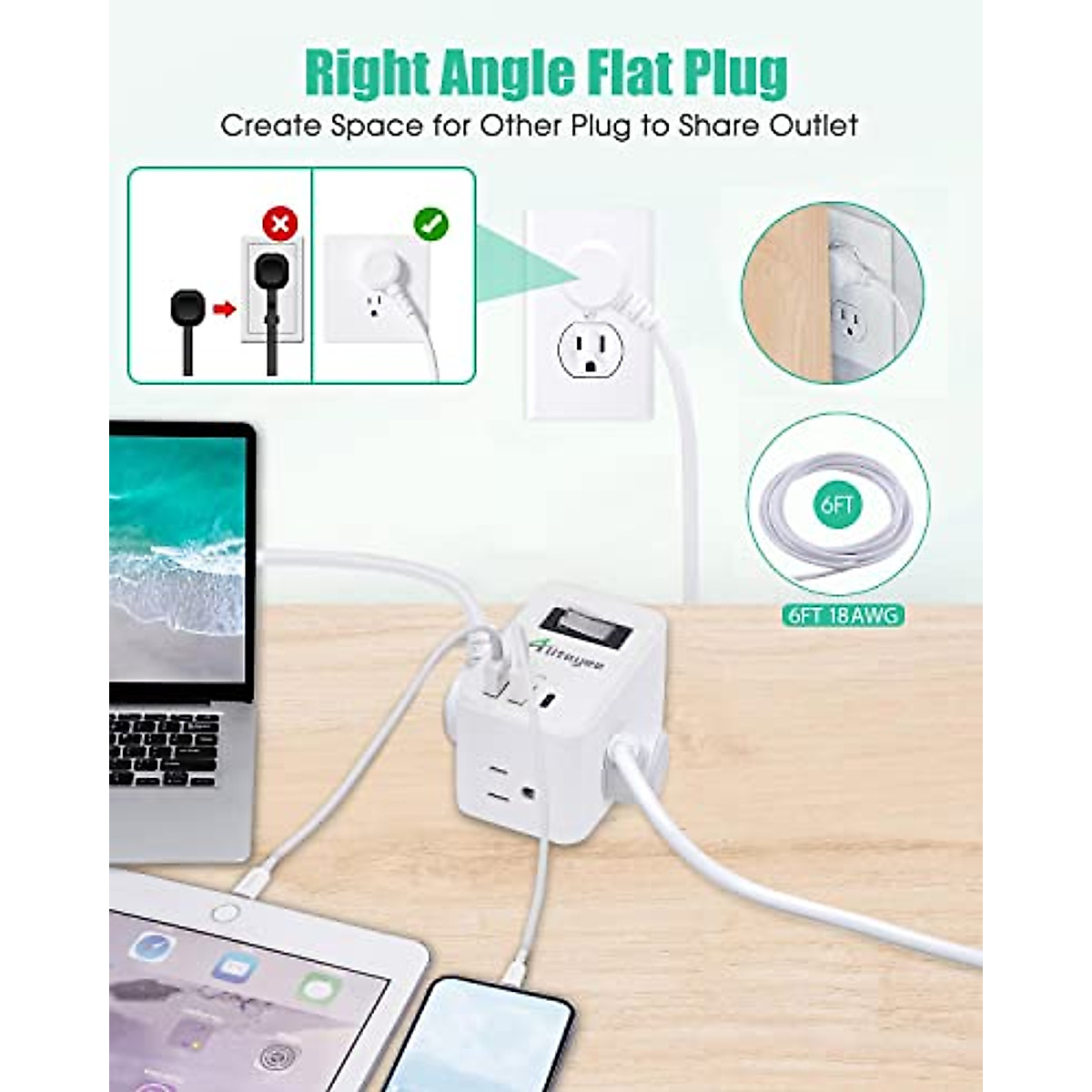 Alitayee Travel Power Strip, Portable Power Strips with 3 Outlets 3 USB Ports 15.5W Fast Charging and 6 ft Flat Plug Extension Cord No Surge Protector for Cruise Travel Hotel College Dorm Home Office