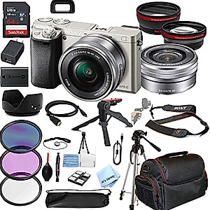 Sony Alpha a6400 Mirrorless Digital Camera (Silver) with 16-50mm Lens + 64GB Memory, Wide Angle + Telephoto Lens, Filters, Case, Tripod + More (28PC Bundle Kit) (Renewed)