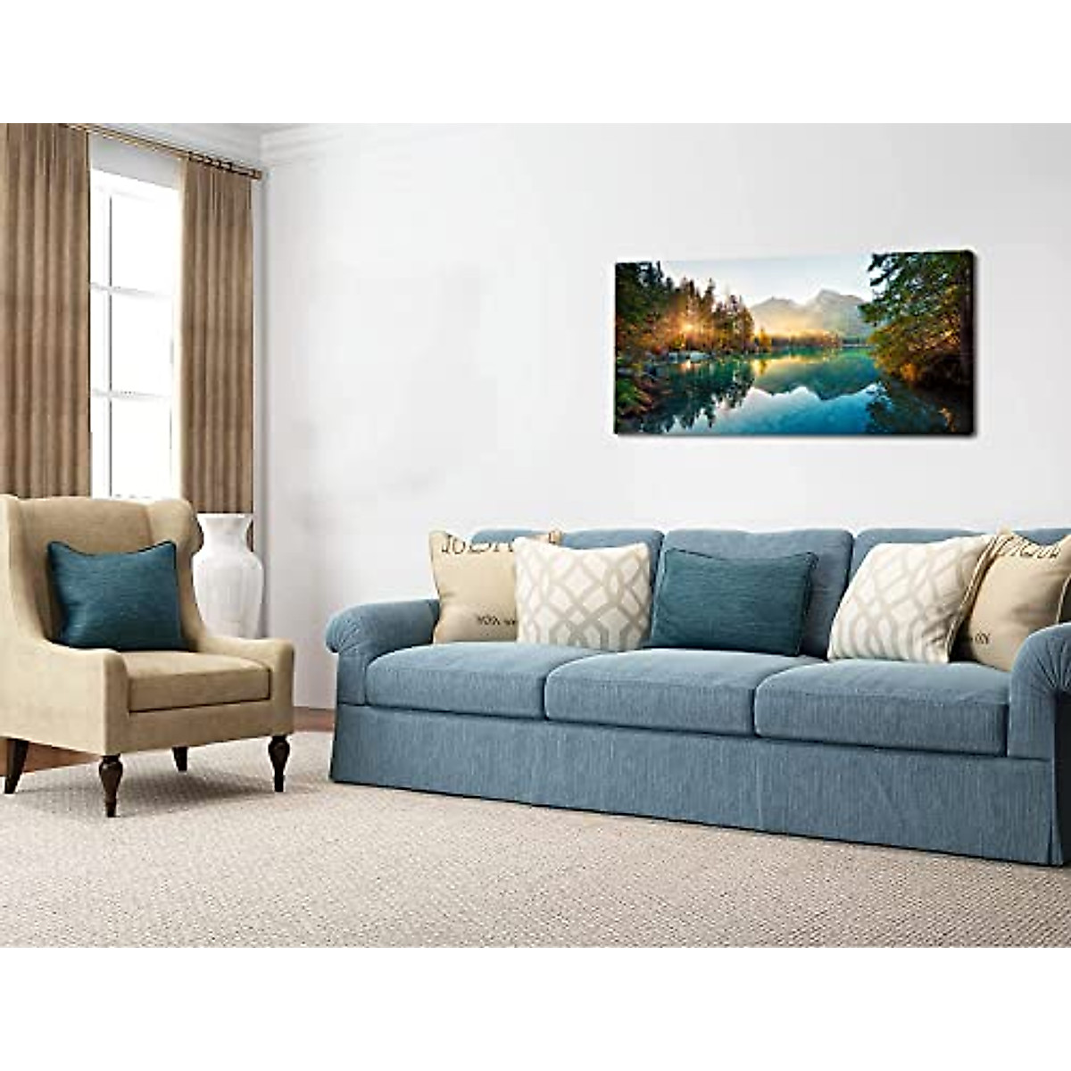 Autumn Lake Large Stretched Canvas Wall Art For Living Room Bedroom Home Decoration,Mordern Morning Sunrise View Print Picture Painting Decor Giclee Artwork,Gallery Wrapped Gift,Inner Frame(24x48)