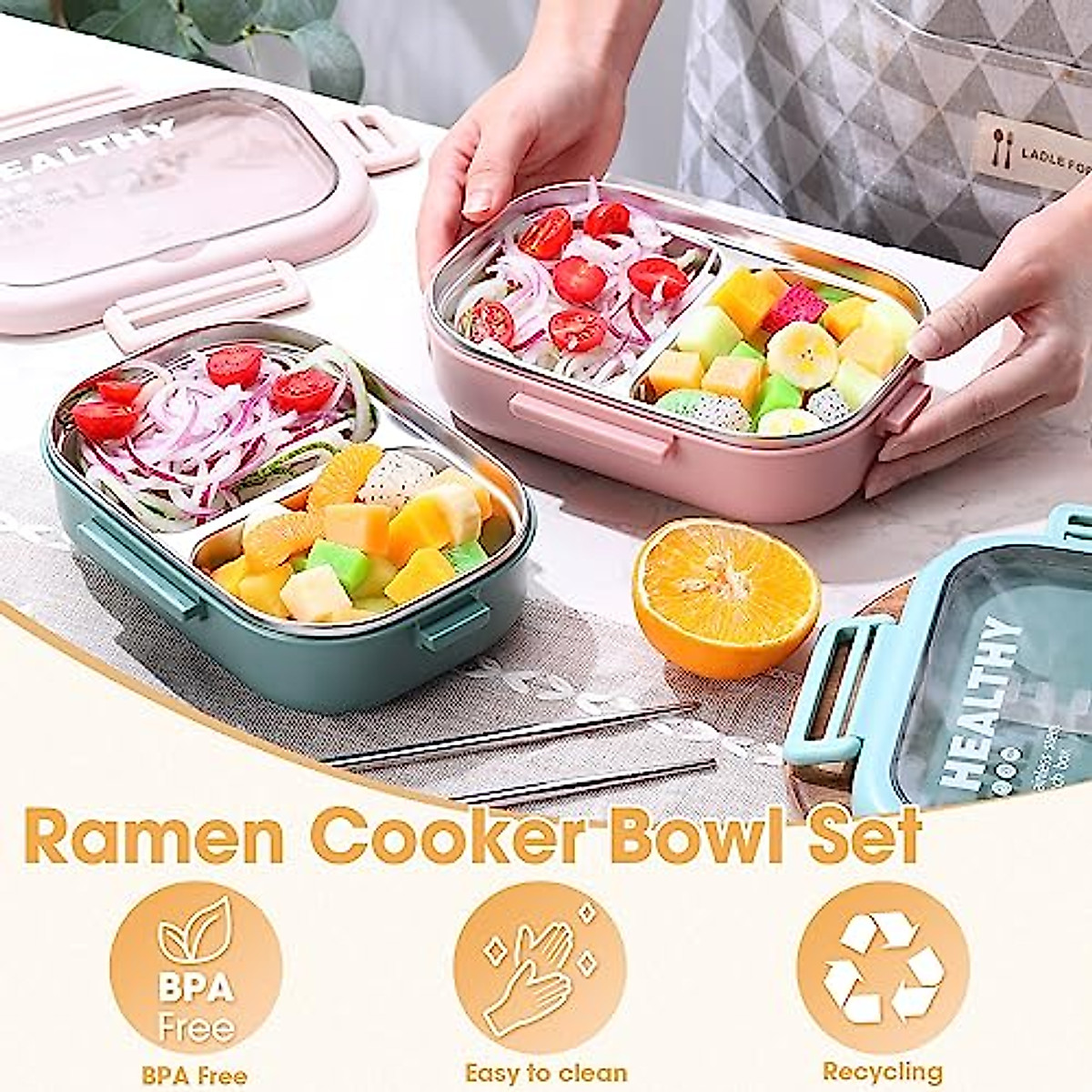 Roshtia 2 Pcs Stainless Steel Leakproof Bento Lunch Box, 28 oz 2 Compartment Metal Portion Control Food Container with Lunch Bag and Utensil Set, BPA Free, Pink and Green