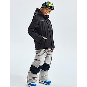 GEMYSE Boy's Waterproof Ski Snow Jacket Hooded Fleece Lined Windproof Winter Jacket (Black,10/12)