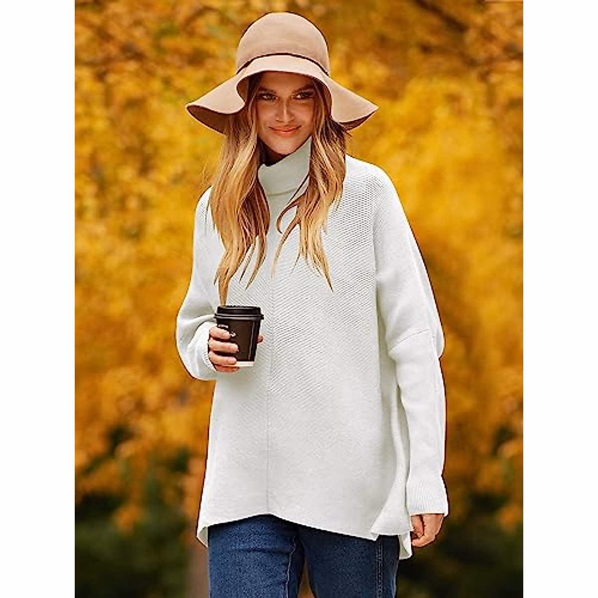 ANRABESS Womens Oversized Turtleneck Long Sleeve Sweater Asymmetric Hem Casual 2023 Fall Winter Pullover Knit Pullover Jumper Tops A87Bai-M White