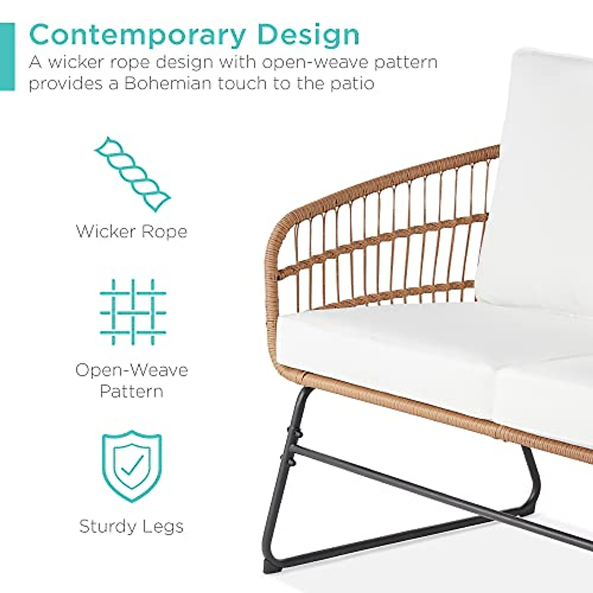 Best Choice Products 4-Piece Outdoor Rope Wicker Patio Conversation Set, Modern Contemporary Furniture for Backyard, Balcony, Porch w/Loveseat, Plush Cushions, Coffee Table, Steel Frame - White
