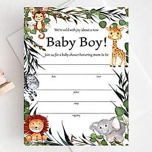 Moonrise Papery Set of 25 Safari Theme Baby Shower Invitations with Envelopes, Jungle Theme Baby Shower, Boy Baby Shower Invitations