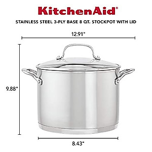 KitchenAid 3-Ply Base Brushed Stainless Steel Stock Pot/Stockpot with Lid, 8 Quart