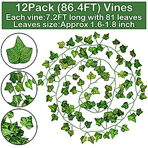 GPARK 84ft 12 Pack / 82 inch, Artificial Ivy Garland Fake Leaf Plants Vine, Hanging Leaves Garlands for Wedding Party Garden Kitchen Outdoor Greenery Wall Decor Green