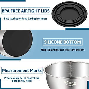 Wildone Mixing Bowls with Airtight Lids, Stainless Steel Nesting Mixing Bowls Set of 5, with Non-slip Silicone Bottoms, Size 8, 5, 3, 2, 1.5 QT, Stackable Design, Great for Mixing and Prepping