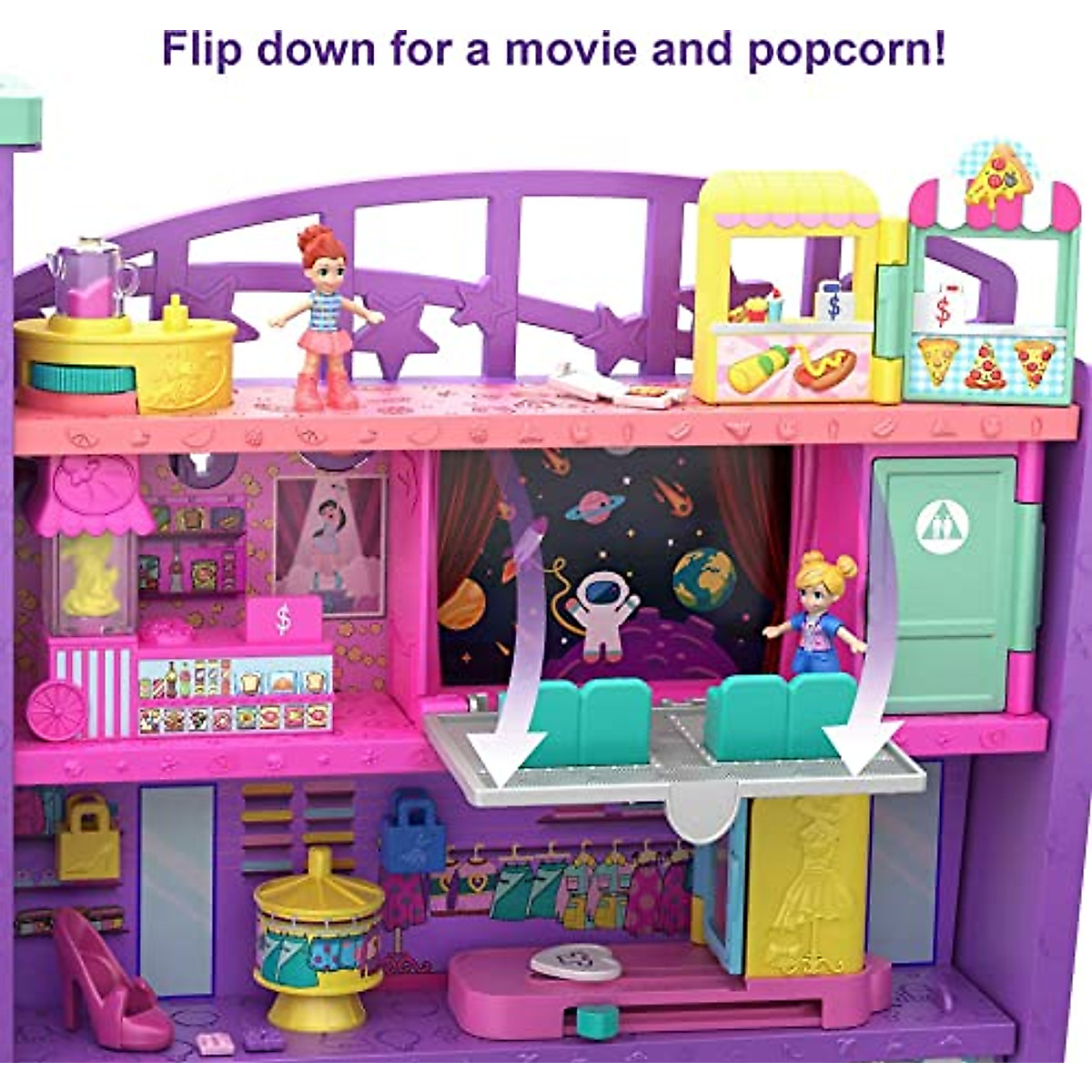 Polly Pocket Playset with 3 Micro Dolls, 1 Toy Car, Food and Shopping Accessories, Pollyville Mega Mall Toy