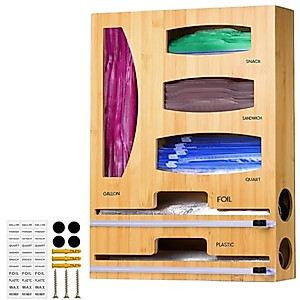 Ziplock Bag Organizer for Kitchen Drawer - 6 in 1 Wrap Dispenser with Cutter, Compatible with Gallon, Quart, Sandwich, Aluminum Foil, Plastic Wrap and Snack Foil and Baggie Storage Rack