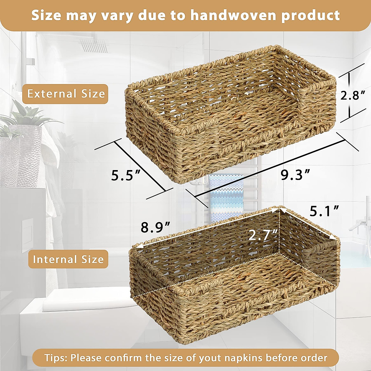 Graciadeco Bathroom Disposable Guest Towel Napkin Holder Long Seagrass Woven Rattan Wicker Table Dinner Paper Hand Guest Towel Napkin Basket Tray Caddy for Kitchen