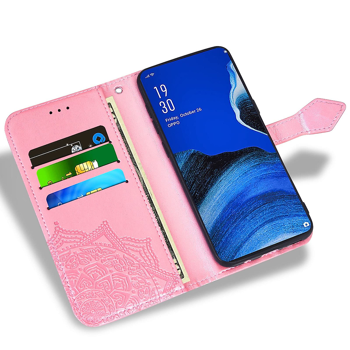 Asuwish Compatible with Oppo Reno2 Z Wallet Case and Tempered Glass Screen Protector Leather Mandala Flower Flip Cover Card Holder Stand Cell Accessories Phone Cases for Reno2Z 2019 Women Rose Gold