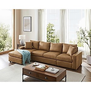 VANOMi 116'' Faux Leather Sectional Sofa, L-Shaped Five-Seat Living Room Sofa Couch, Chaise Longue on The Left, Light Brown