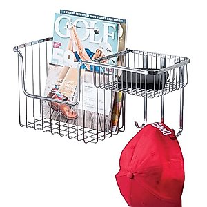 mDesign Metal Wire Wall Mount Entryway Storage Organizer Mail Basket Holder with 3 Hooks, 2 Compartments - for Organizing Letters, Magazines, Keys, Coats, Leashes - Chrome