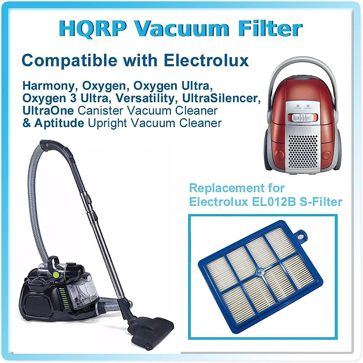 HQRP 2-Pack Hepa Filter compatible with Electrolux EL012B fits Harmony, Oxygen, Oxygen Ultra, Oxygen 3 Ultra Canister, Aptitude Upright Vacuum Cleaners, 1130939-01 S-Filter Replacement