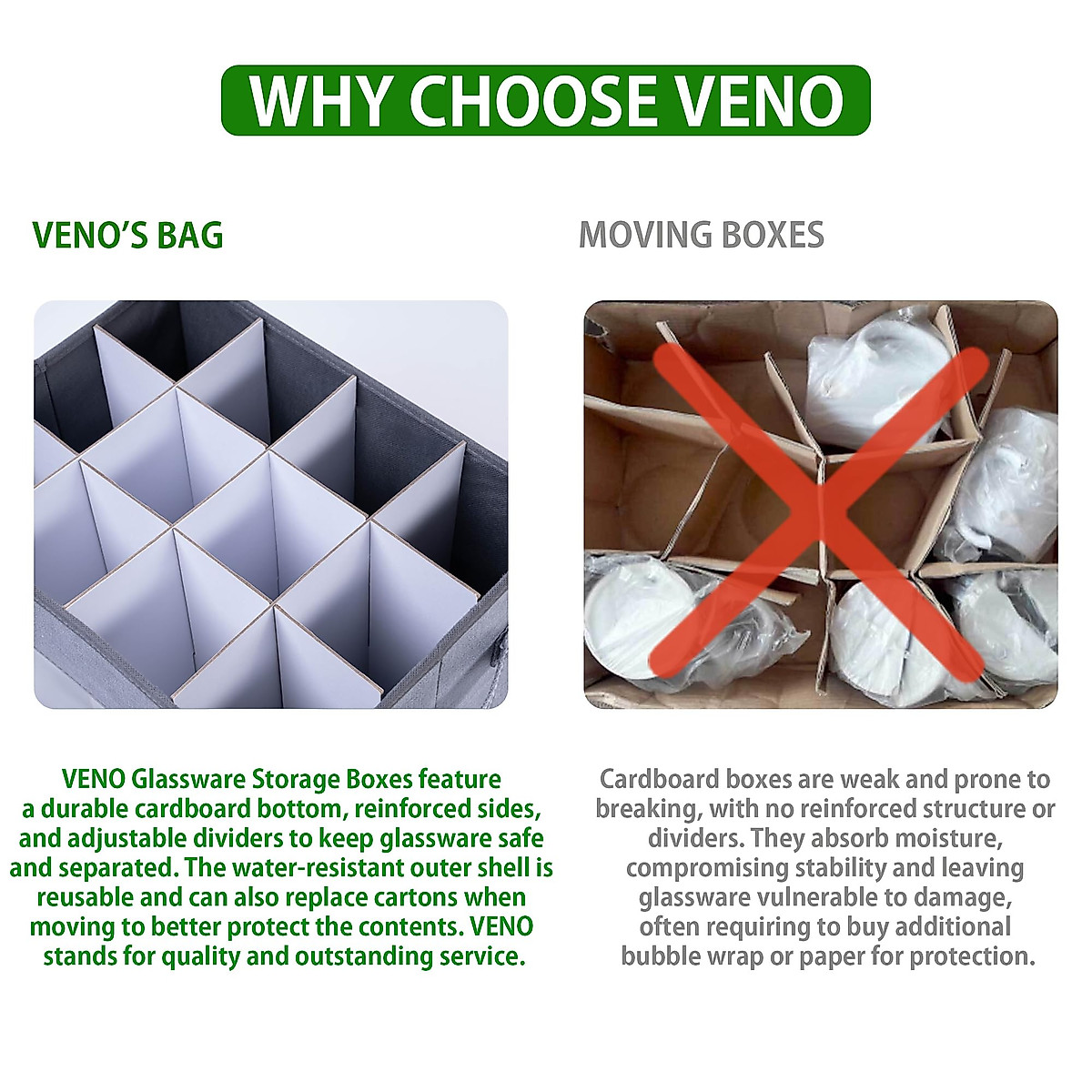 VENO 2 Pack Champagne Flutes Storage Box w/ Lid, Handles, Stemware Transport and Protection, China Storage Containers, Glassware Moving Boxes, Packing Supplies, Cardboard Dividers for 12 Glasses (Champagne Flute – set of 2)