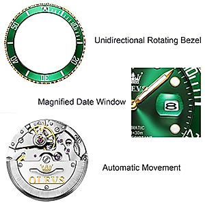 OLEVS Self Winding Watches for Men Green Big Dial Pro Diver Automatic Watch Stainless Steel Waterproof Men Wrist Watch with Silver Gold Tone Watch Men