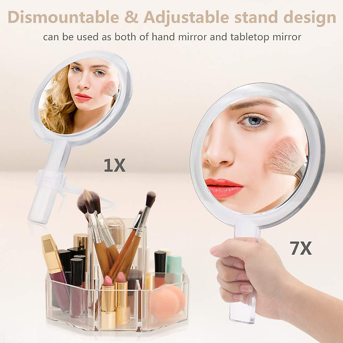 Gotofine Double Sided 1x - 7X Magnification Hand Held Makeup Mirror with Adjustable Stand,Clear (7X)