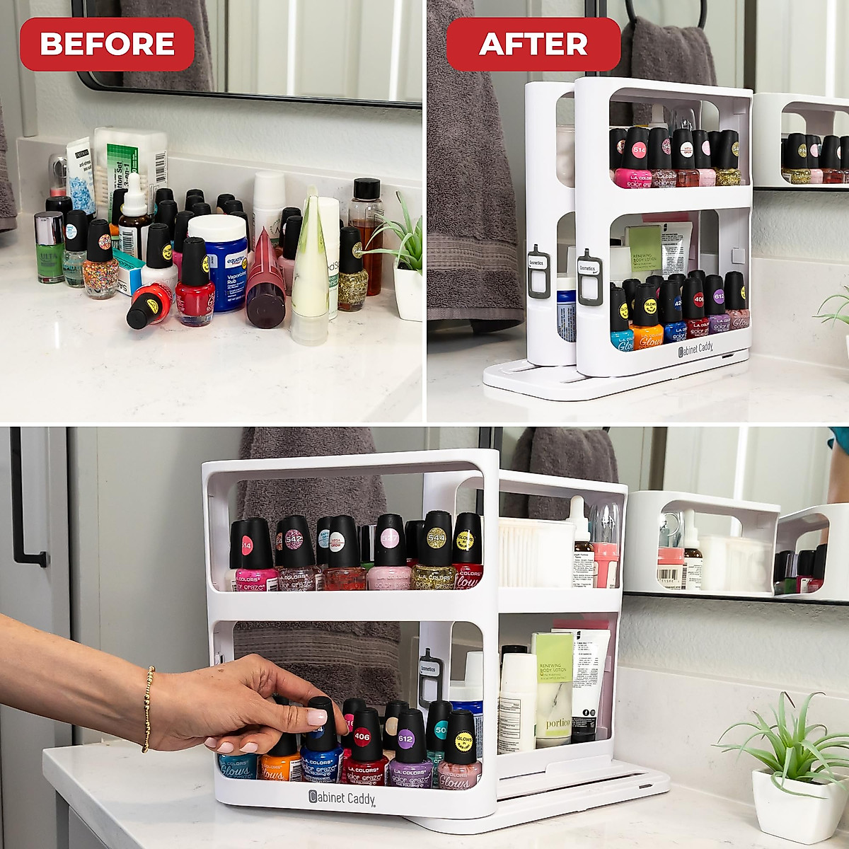 Cabinet Caddy (White) | Pull-and-Rotate Spice Rack Organizer | 2 Double-Decker Shelves | Modular Design | Non-Skid Base | Stores Prescriptions, Essential Oils | 10.8"H x 5.75"W x 10.8"D