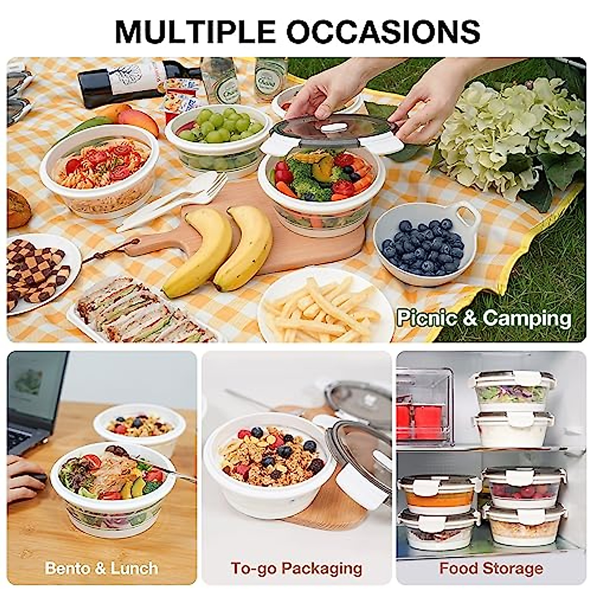 GREENTEC 2 Pack Collapsible Food Storage Containers with Lid, Airtight Meal Bowls, Meal Box for Travel, Picnic, Camping, Dishwasher Microwave Freezer Safe, BPA Free, Large