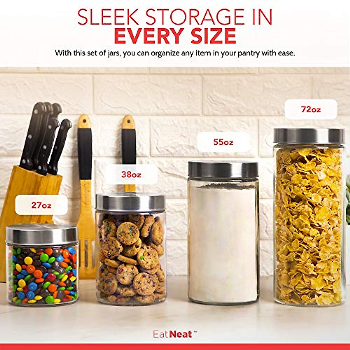 EatNeat 4 Piece Beautiful Glass Kitchen Canisters with Stainless Steel Lids - Premium Food Storage Container, Versatile Cereal, Sugar, Flour, Coffee, Snacks Container for Clean Kitchen Organization