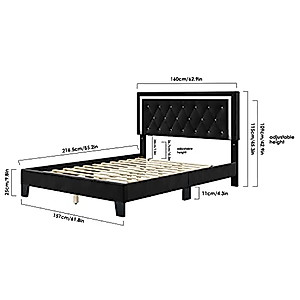 Queen Bed Frame, Diamond Tufted Upholstered Platform Bed Frame with Adjustable Headboard, Mattress Foundation with Wooden Slat Support, No Box Spring Needed, Easy Assembly (Queen, Black)