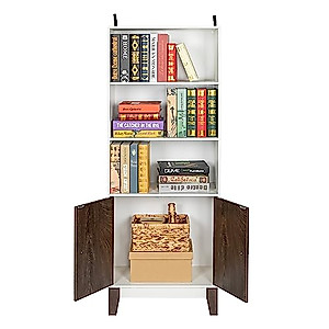 4 Tier Bookcase Storage Cabinet, 63 Inches 4 Tiers Tall Open Bookshelf with 2 Doors, Anti-toppling Device, Freestanding Wooden Storage Display Shelf for Home Office (White)
