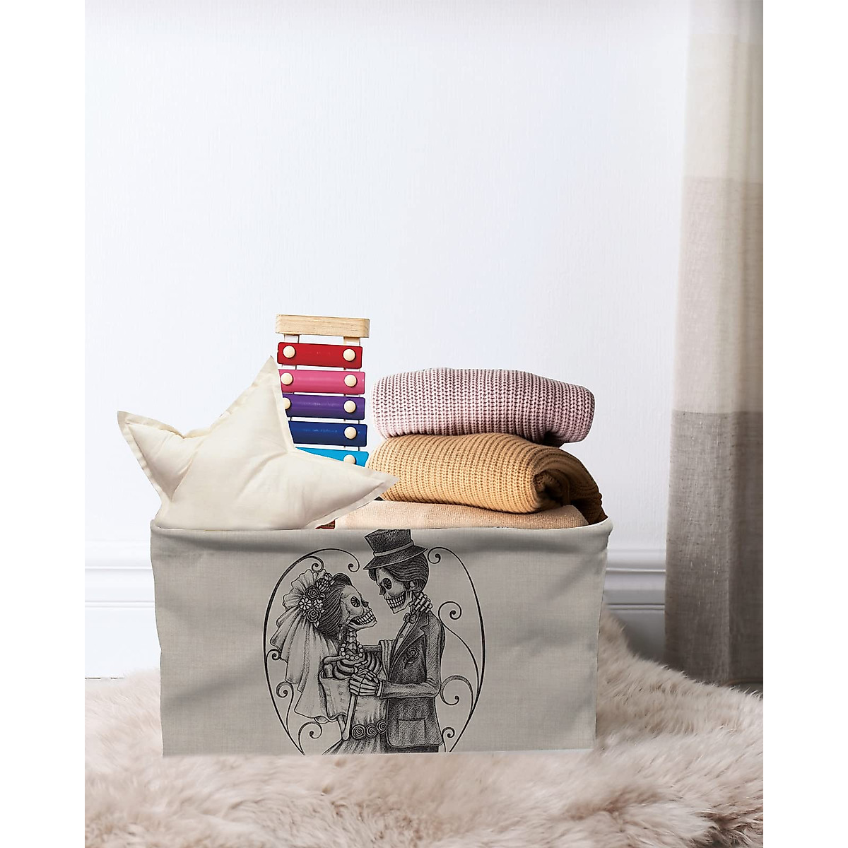 Storage Bins for Organizing, Halloween Skeleton Bride Groom Decorative Large Closet Organizers with Handles Cubes - 1 Pack Fabric Baskets for Shelves, Closets, Laundry, Nursery