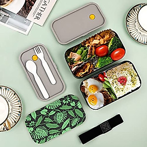 Tropical Pattern with Monstera Leaves Bento Lunch Box Leak-Proof Bento Box Food Containers with 2 Compartments for Offce Work Picnic Black-Style