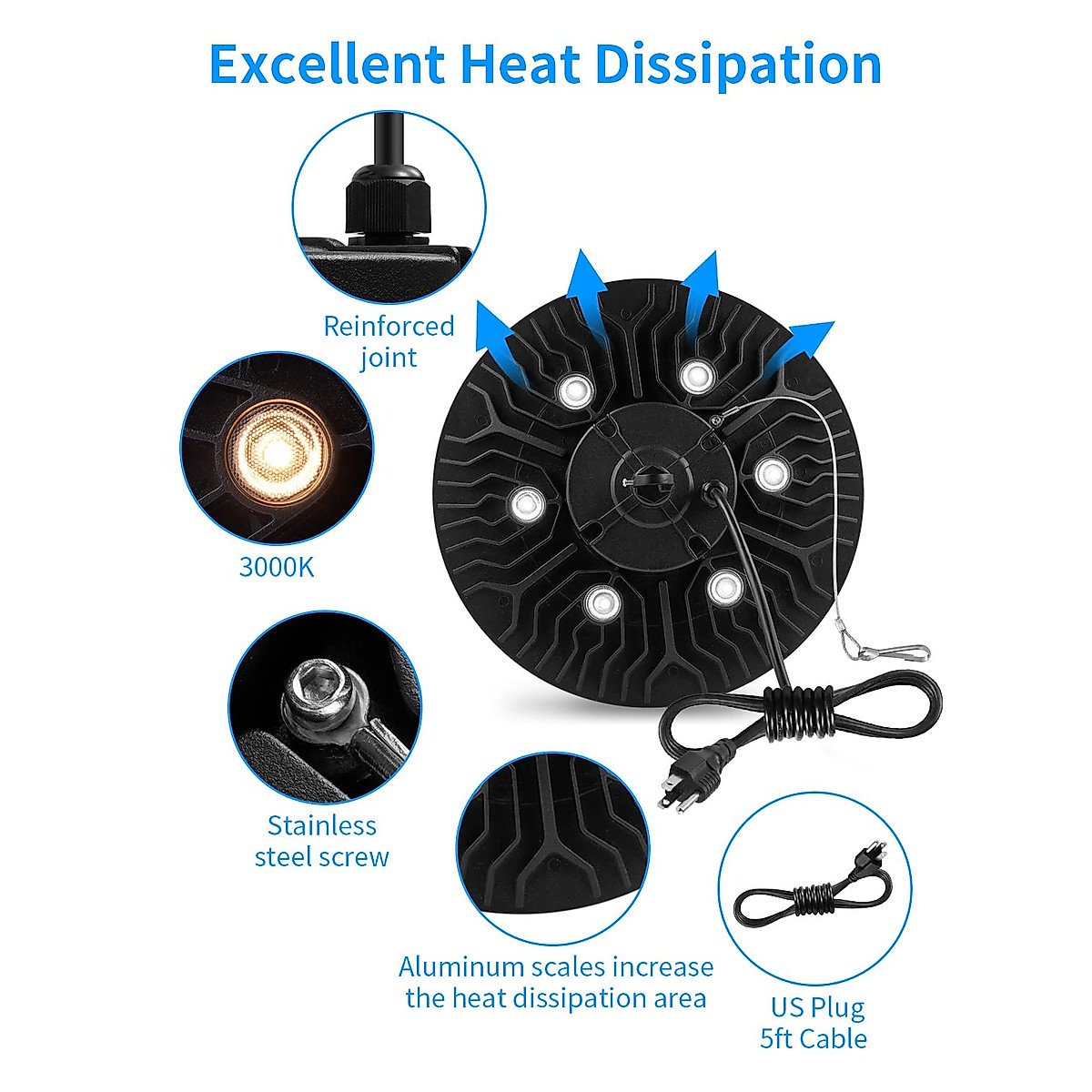 LED High Bay Light 150W, 22500LM LED Shop Light with US Plug 5' Cable, 5000K Daylight UFO LED High Bay Lights, IP65 Commercial Warehouse Light, Super Bright Area Bay Lighting for Garage Barn Workshop