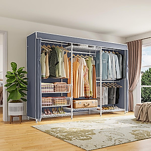 VIPEK V10C Plus Portable Closet Heavy Duty Clothes Rack with Slid Basket, Covered Wardrobe Closet, Adjustable Closet Storage Rack, White Clothing Rack with Grey Oxford Fabric Cover 86.6"Lx17.3Wx76.4 H