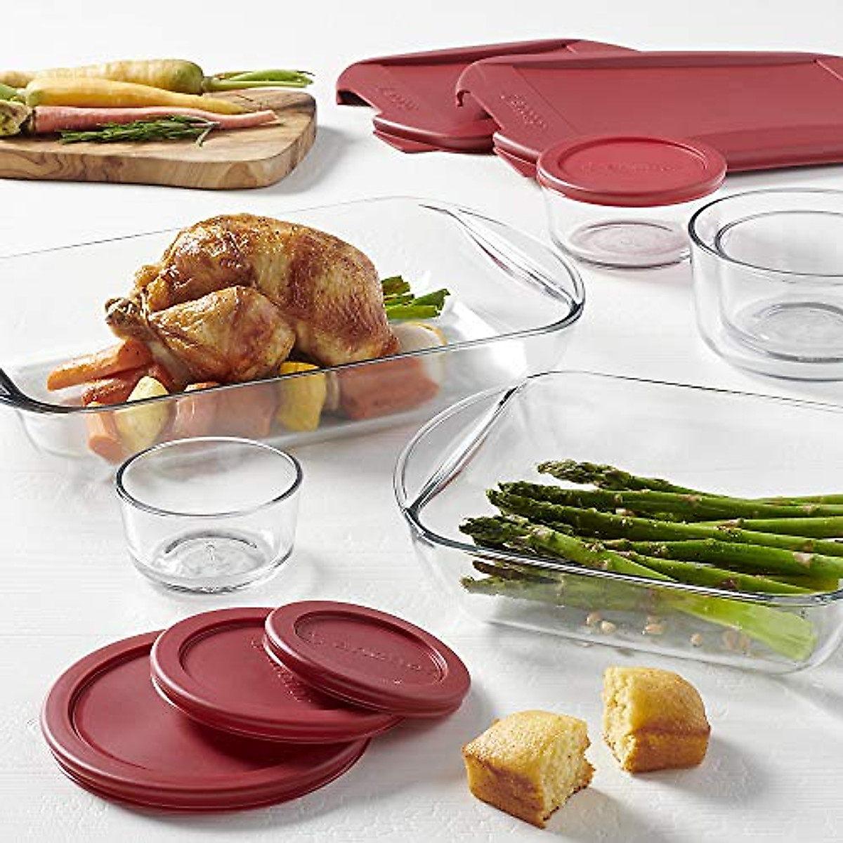 Anchor Hocking SnugFit Glass Food Storage and Embrace Baking Dish, 12 Piece Set, Cherry