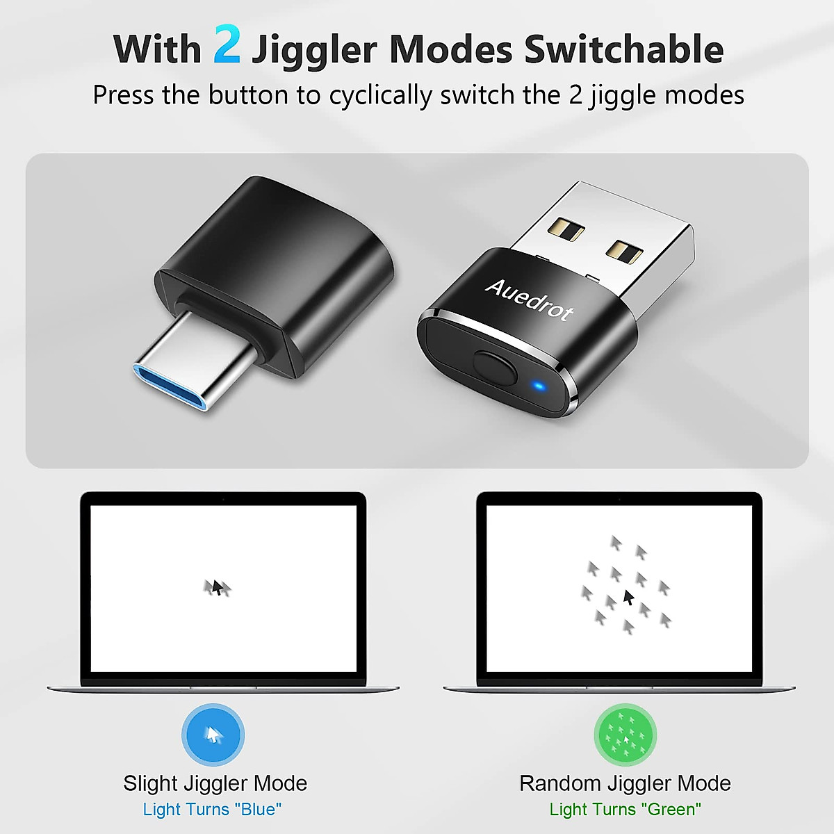 Mouse Jiggler Undetectable Metal USB Mouse Mover with Switch Button, Automatic Mini Mouse Shaker with 2 Jiggle Modes, Driver-Free, Plug & Play, Keep Computer/Laptop Awake, with USB-C Adapter, Black