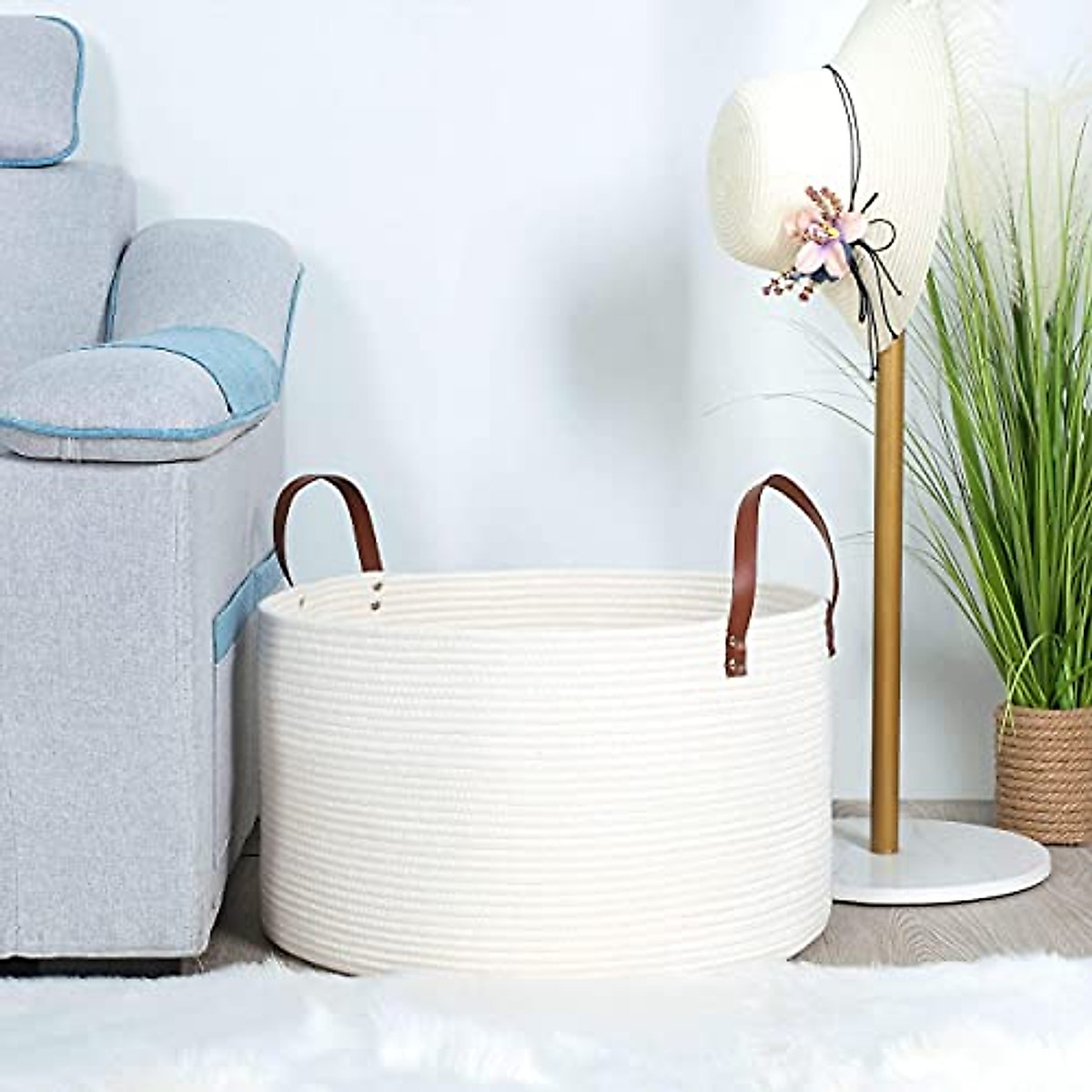MINTWOOD Design Extra Large 20 x 13 Inches Decorative Cotton Rope Basket, Blanket Basket Living Room, Woven Laundry Basket, Storage Baskets Bin, Round Pillow Towel Basket with Long Handles, White
